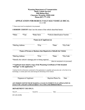 Fillable Online APPLICATION FOR REBUILT SALVAGE VEHICLE DECAL Fax Email ...