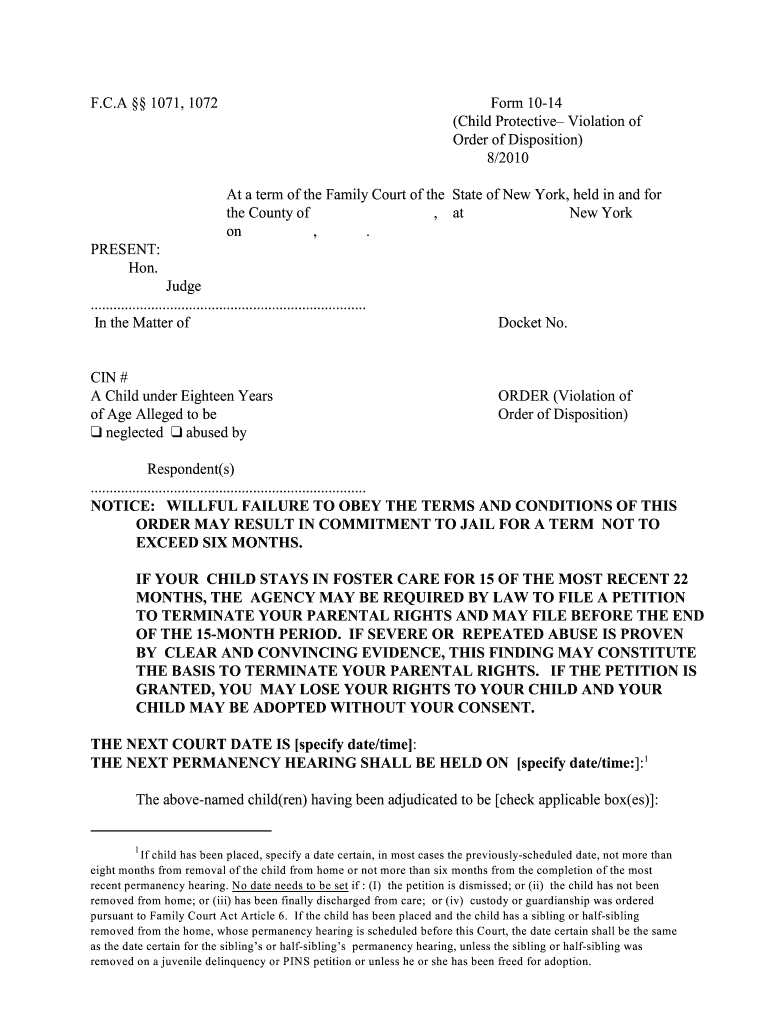 Fillable Online nycourts F.C.A 1071, 1072 Form 10-14 (Child Protective ...