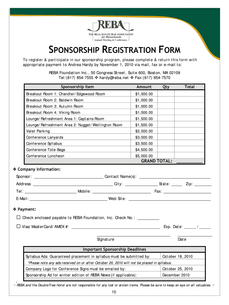 Fillable Online reba 10 Registration Form Sponsors.pdf Fax Email Print ...