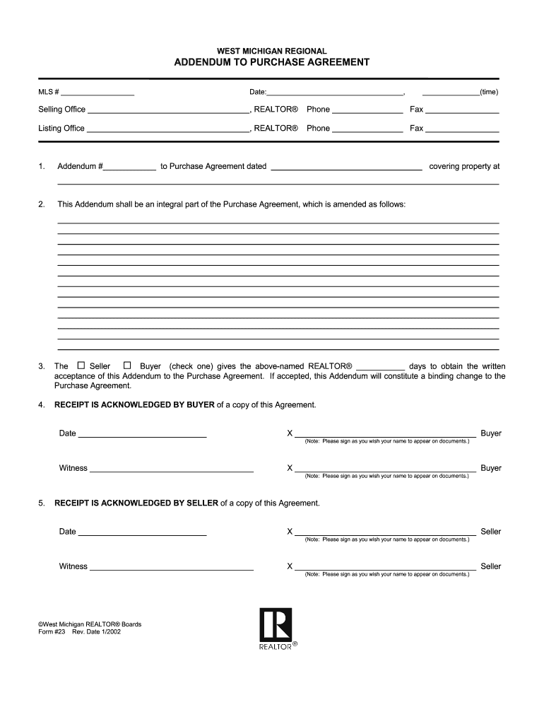 Addendum To Purchase Agreement Michigan Fill Online Printable 