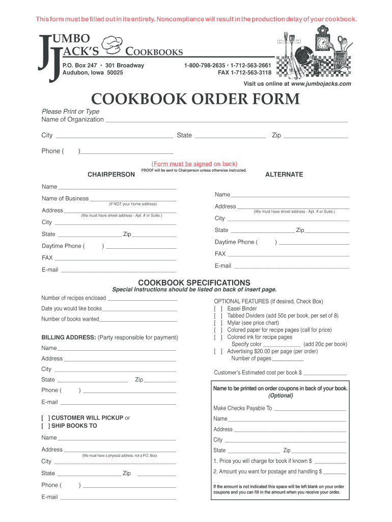Fillable Online COOKBOOK ORDER FORM - Jumbo Jacks Fax Email Print ...
