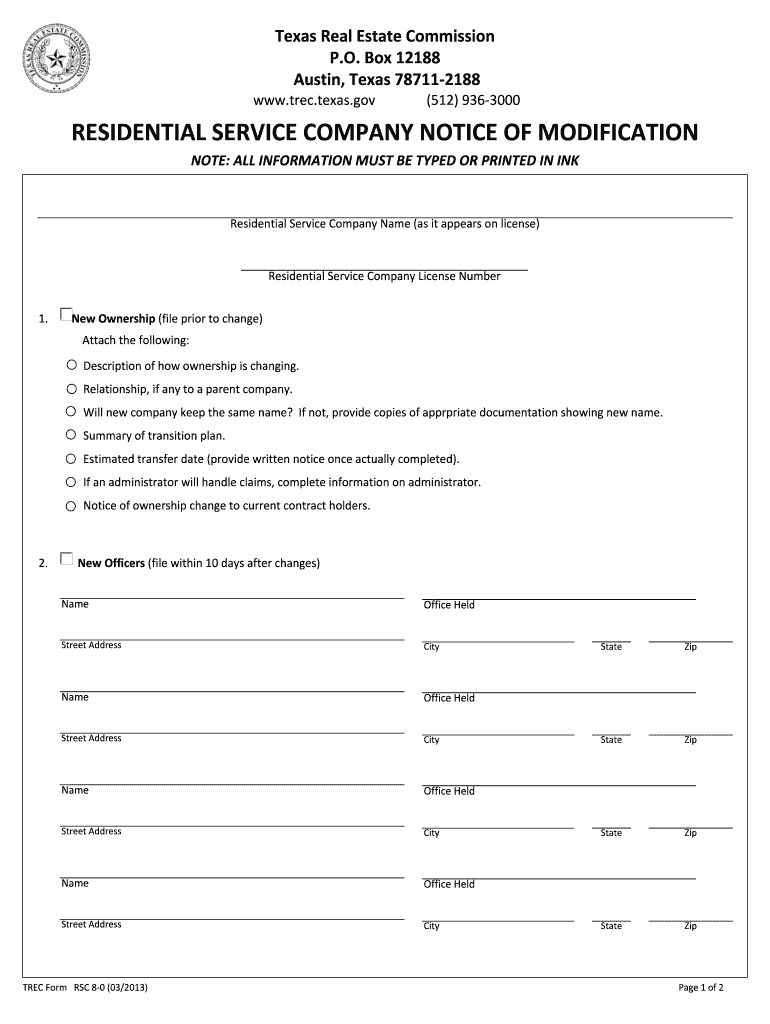 Fillable Online trec texas Rsc 8-0, residential service company notice ...