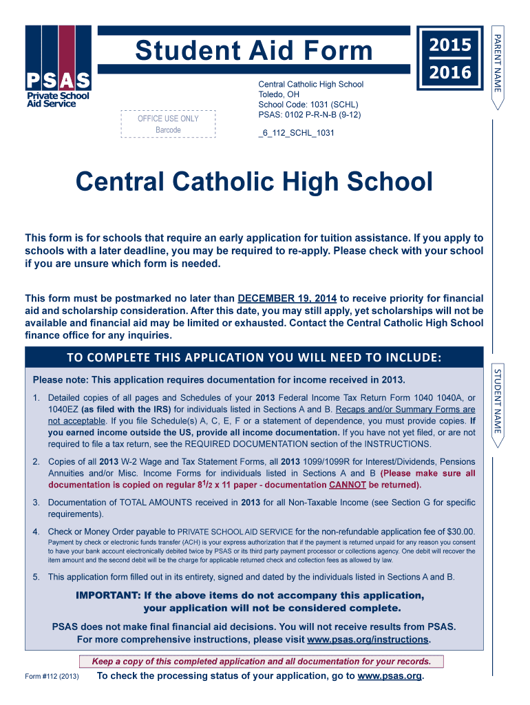 Fillable Online centralcatholic Financial Aid Form - Central Catholic ...