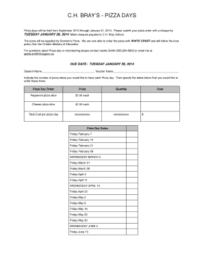 Fillable Online hwdsb on CH Bray Pizza order form - hwdsb on Fax Email ...