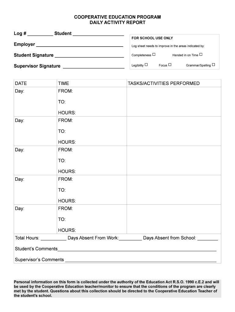 Fillable Online COOPERATIVE EDUCATION PROGRAM DAILY ACTIVITY REPORT Log ...