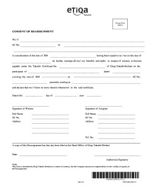 Fillable Online Consent of Reassignment Form - Etiqa Insurance ...