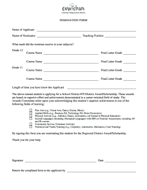 Fillable Online NOMINATION FORM Name of Applicant Name of Nominator ...