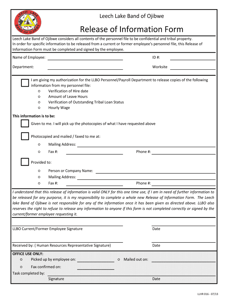 Fillable Online llojibwe Release of Information Form - Leech Lake Band ...