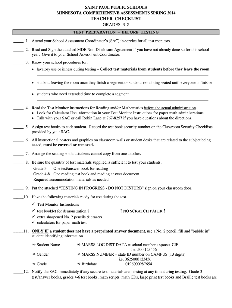 Fillable Online rea spps TEACHER CHECKLIST GRADES 38 Fax Email Print ...
