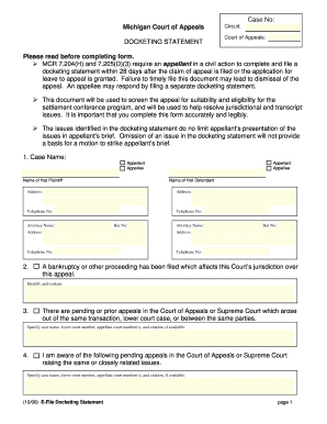 Fillable Online courts michigan COA E-File Docketing Statement - Michigan Courts - courts ...