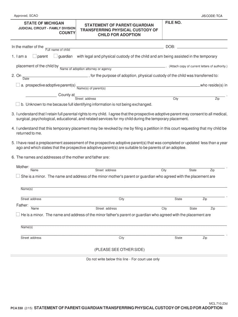 Fillable Online Courts Mi Approved Scao Jis Code Tca State Of