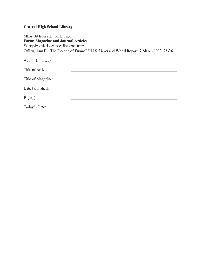 Fillable Online central spps Central High School Library MLA Bibliography Reference Form ... Fax ...
