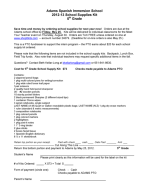 Fillable Online adams spps Adams Spanish Immersion School b2012b-13 School Supplies Kit 5th bb ...