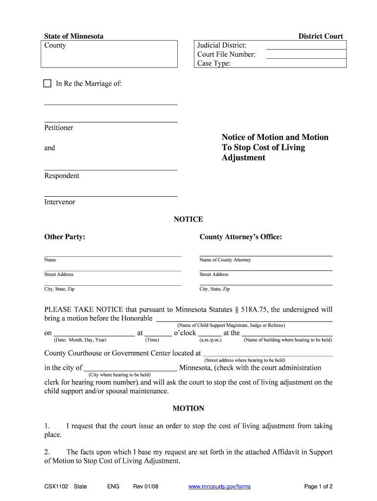 Fillable Online courts mn District Court Judicial District: Court File ...