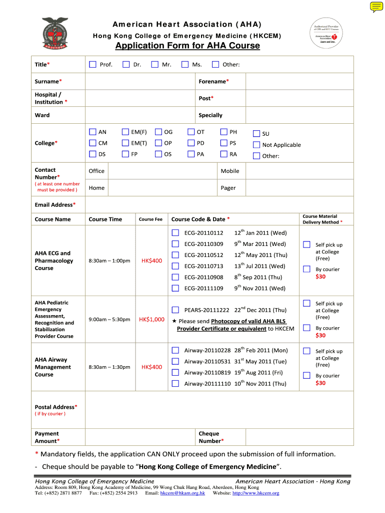 Fillable Online Application Form for AHA Course - Hong Kong College of ...