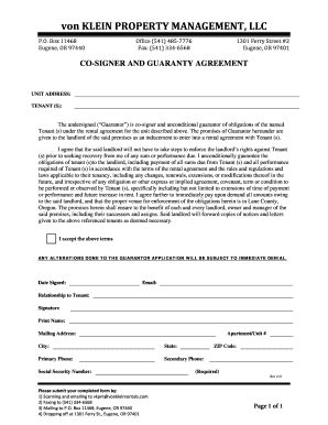 Fillable Online Co-signer Form - von Klein Property Management Fax ...