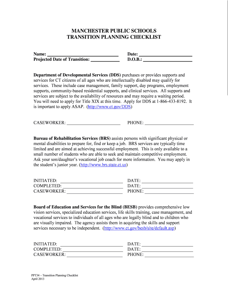 Fillable Online TRANSITION PLANNING CHECKLIST Fax Email Print - pdfFiller