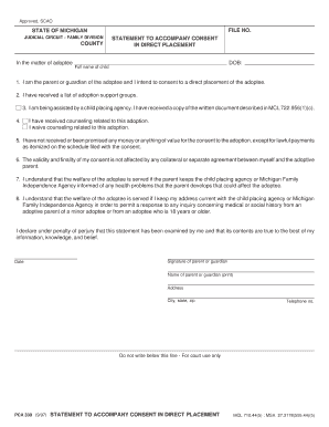 Fillable Online Statement to Accompany Consent in Direct Placement ...