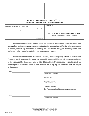 Fillable Online Waiver of Defendants Presence - Forms Fax Email Print ...
