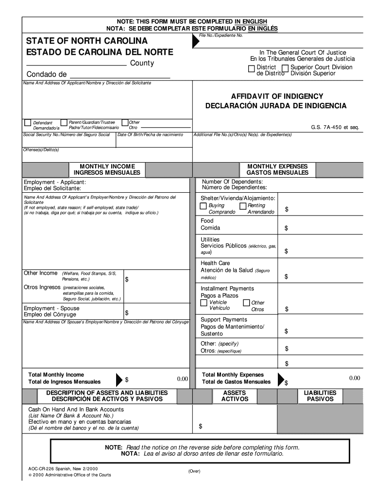 Fillable Online Affidavit Of Indigency/Declaracin Jurada De Indigencia ...