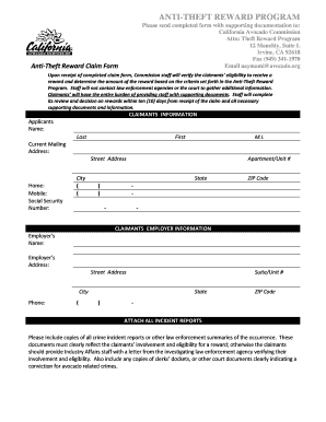 Fillable Online Anti-Theft Reward Program Claim Form (pdf) - California ...