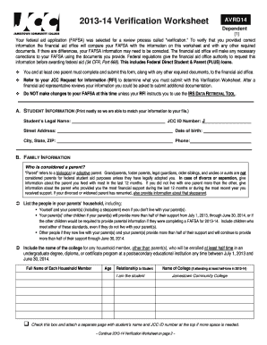 Fillable Online sunyjcc 2013-14 Verification Worksheet AVRD14 Dependent 1 Your federal aid ...
