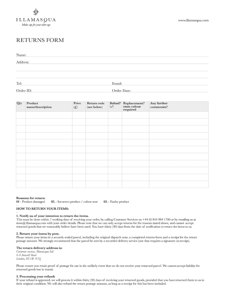Fillable Online RETURNS FORM - Illamasqua Fax Email Print - pdfFiller
