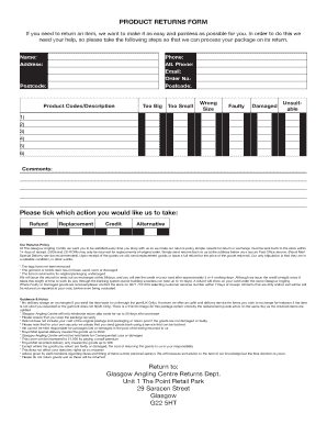 Fillable Online PRODUCT RETURNS FORM Return to: Glasgow Angling Centre ...