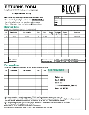 Fillable Online RETURNS FORM - Bloch Fax Email Print - pdfFiller