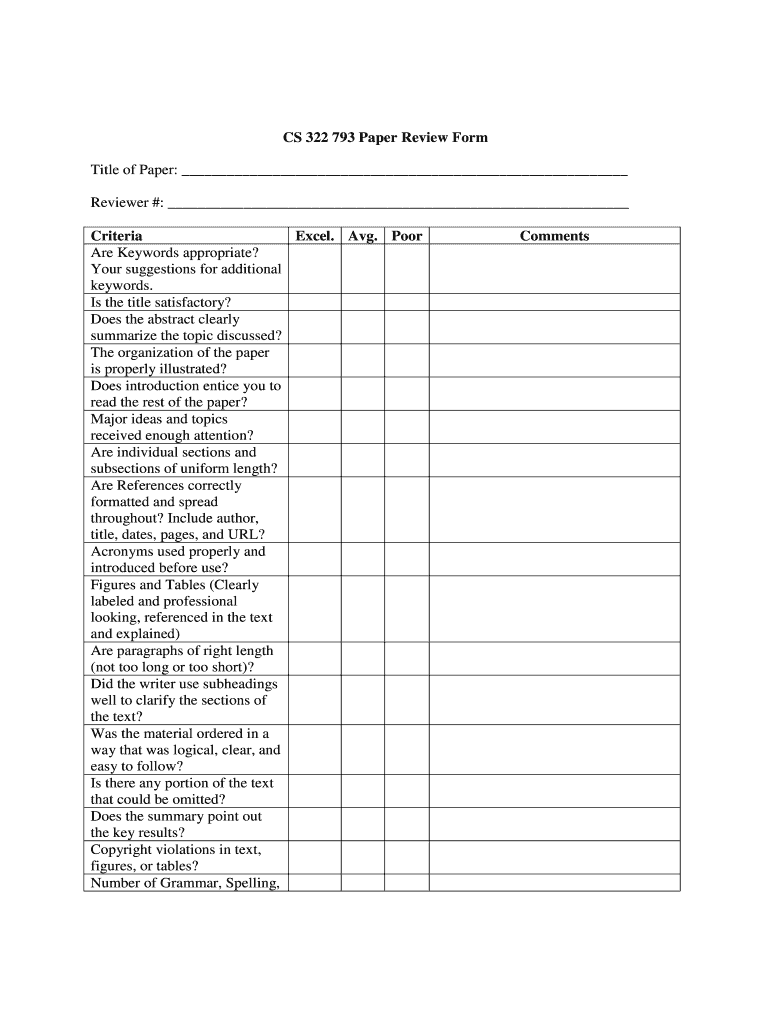 Fillable Online CS 322 793 Paper Review Form Title of Paper: Reviewer ...