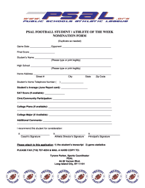 Fillable Online psal Student / Athlete of the week Nomination Form ...