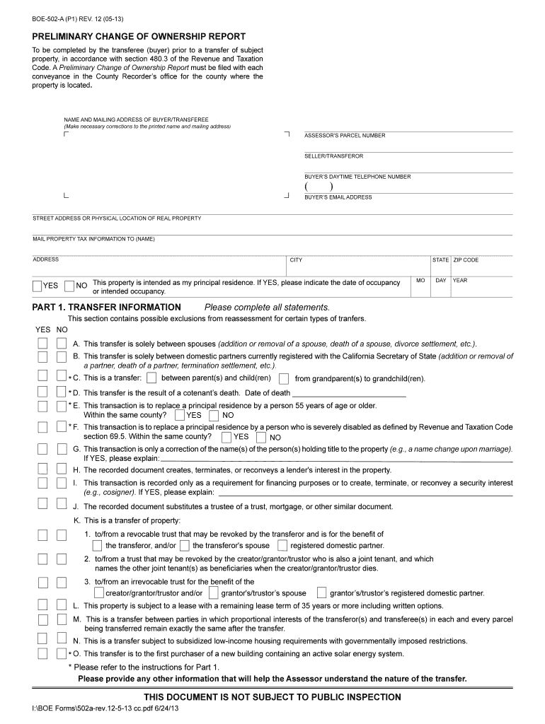 Fillable Online Preliminary Change of Ownership Report. Real Estate ...