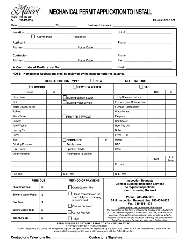 Fillable Online stalbert Mechanical Permit Application To Install 2014e ...