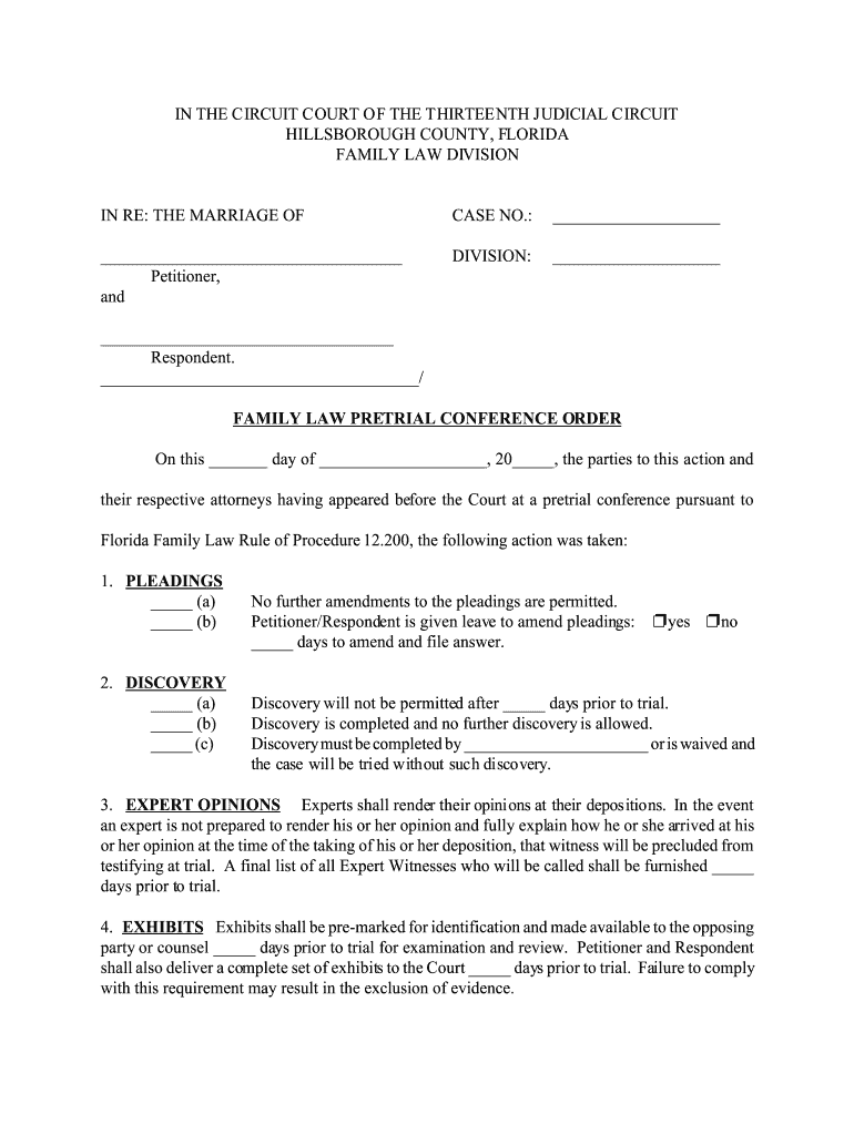 Fillable Online fljud13 Family Law Pretrial Conference Order ...