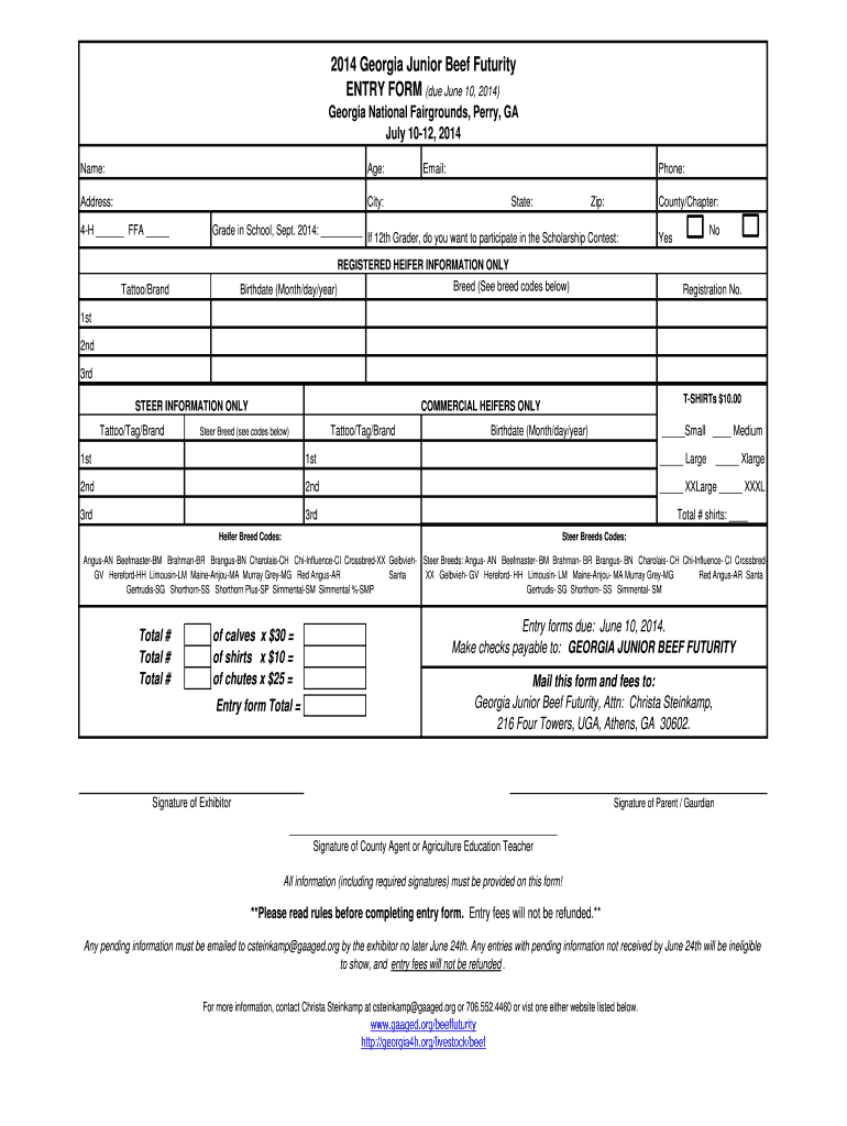 Fillable Online georgia4h 2014 Georgia Junior Beef Futurity Entry Form - Georgia 4-H - georgia4h ...