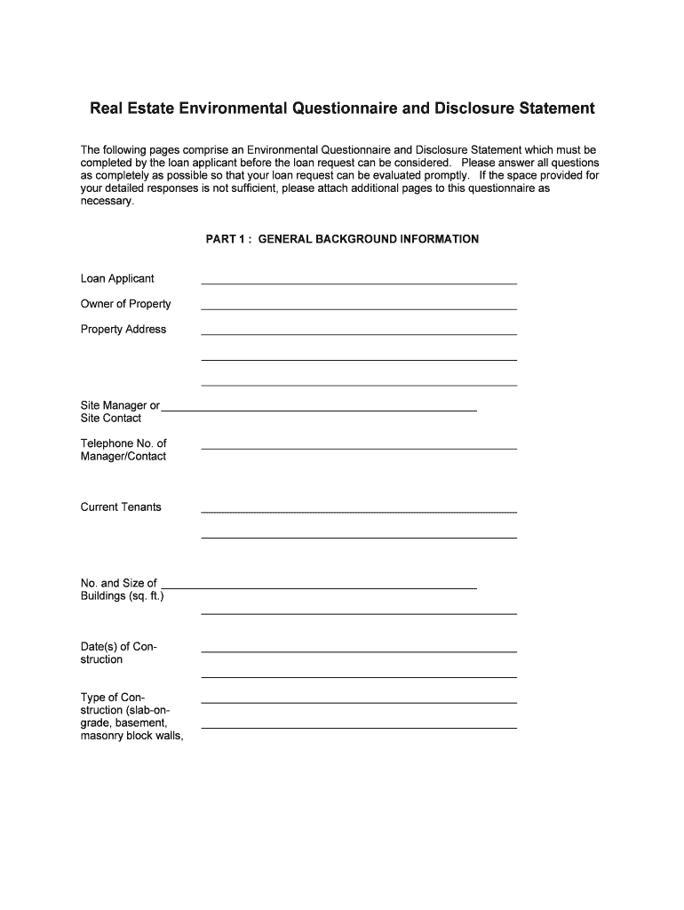 Fillable Online ENVIRONMENTAL QUESTIONNAIRE AND DISCLOSURE STATEMENT ...