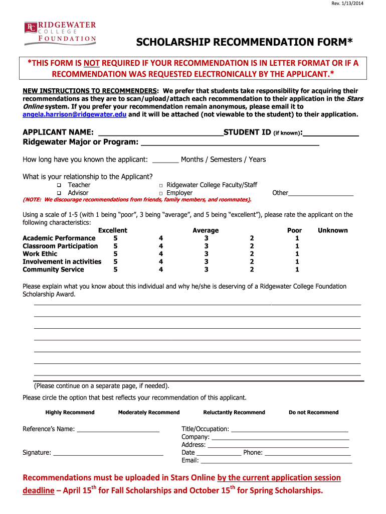 Fillable Online ridgewater SCHOLARSHIP RECOMMENDATION FORM ...