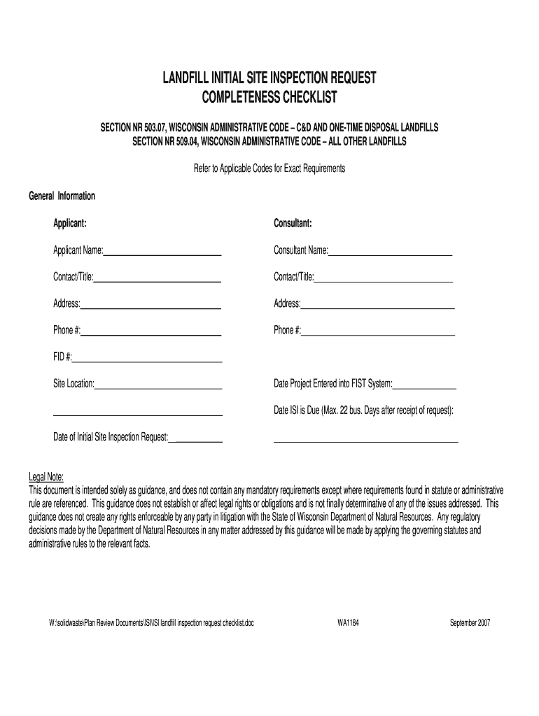 Fillable Online dnr wi Landfill Initial Site Inspection Request ...