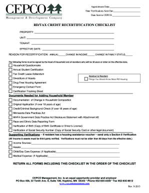 Fillable Online RDTAX CREDIT RECERTIFICATION CHECKLIST - Epco Fax Email ...