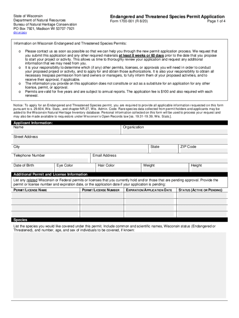 Fillable Online dnr wi Form 1700-001 Endangered and Threatened Species ...