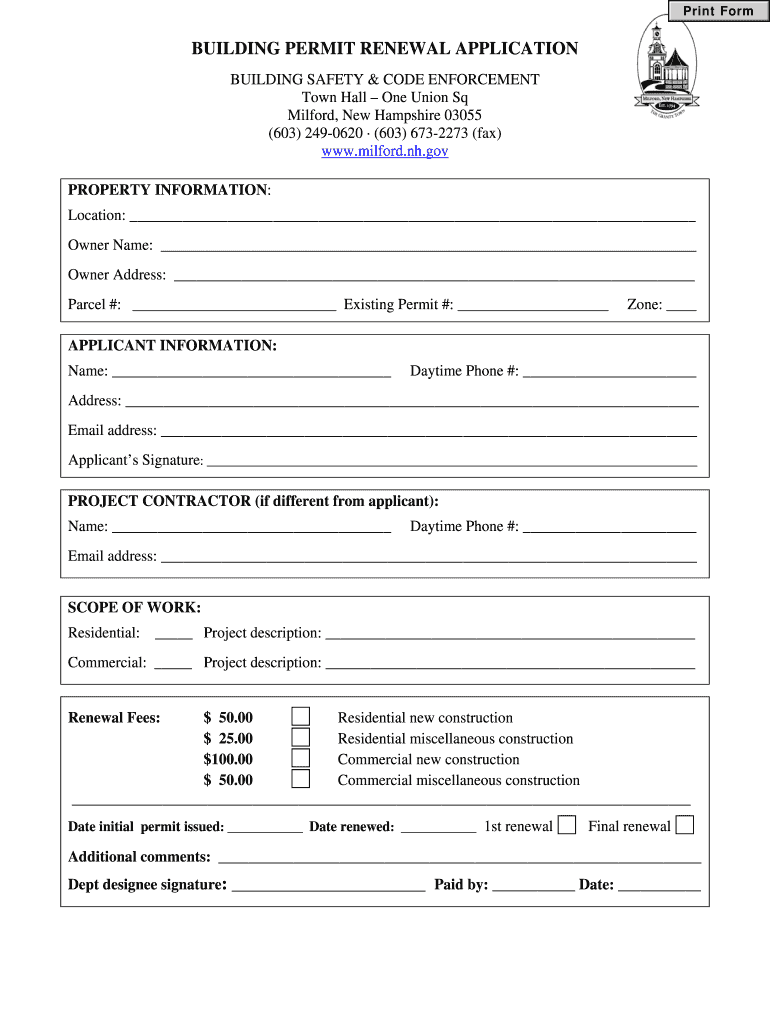 Fillable Online milford nh Building bpermitb renewal application - Town of Milford - NHgov Fax ...