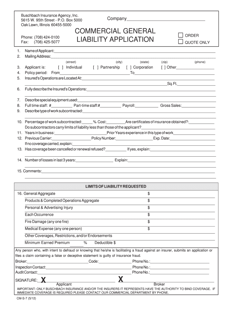 Fillable Online Commercial general liability application ...