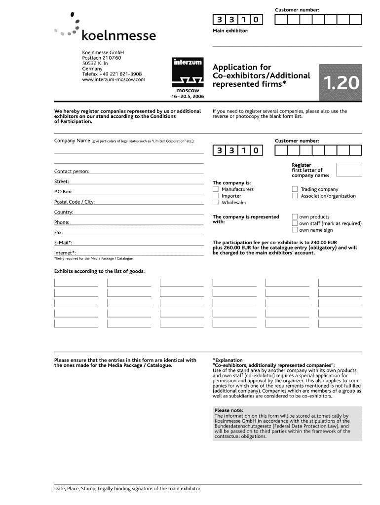 Fillable Online Application for Co-exhibitors/Additional represented firms* 3 3 1 0 3 ... Fax ...