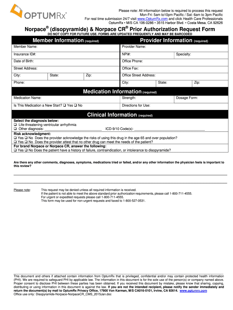 Fillable Online Norpace (disopyramide) & Norpace CR Prior ... - OptumRx ...