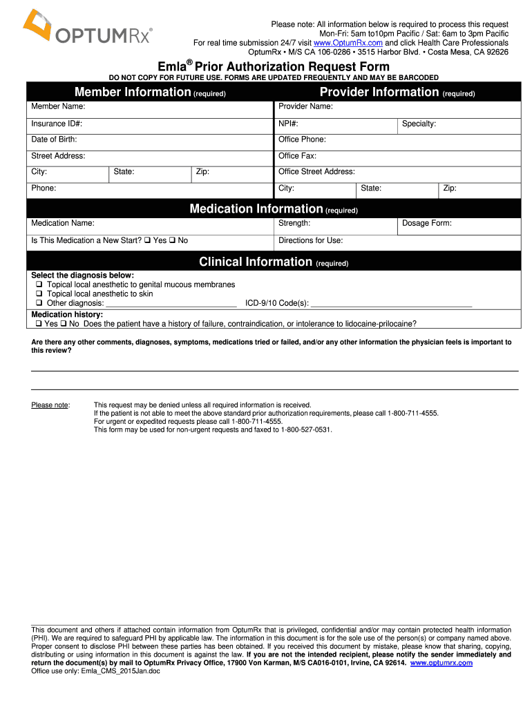 Fillable Online Emla Prior Authorization Request Form Member ...