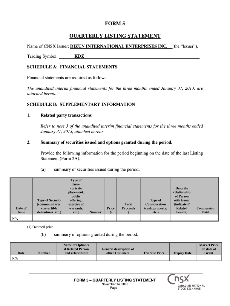 Fillable Online cnsx SCHEDULE A FINANCIAL STATEMENTS - cnsx Fax Email ...