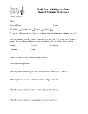 Fillable Online library noctrl North Central College Archives Student Assistant bApplicationb ...