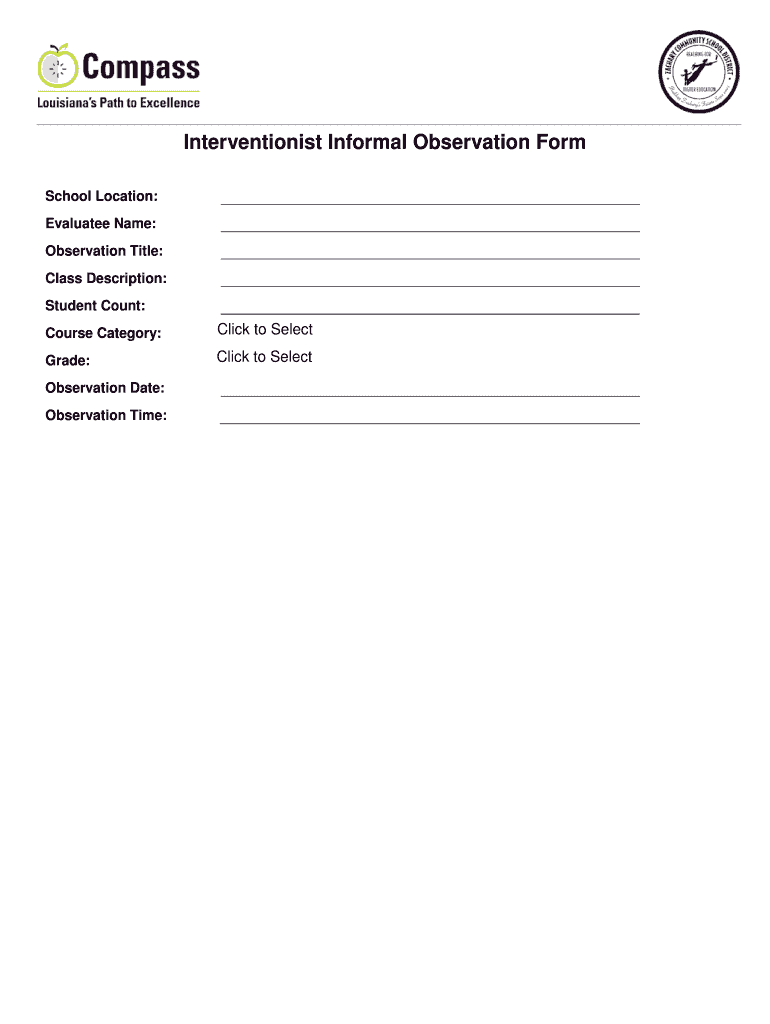 Fillable Online zacharyschools Interventionist Informal Observation ...
