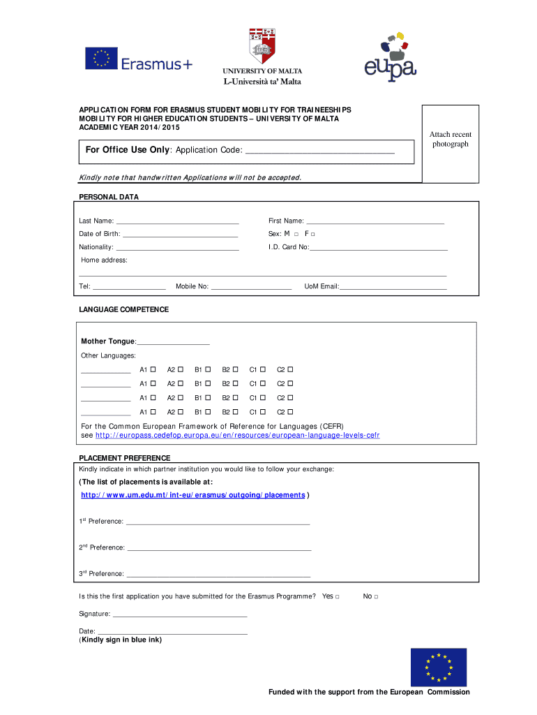 Fillable Online um edu APPLICATION FORM FOR ERASMUS STUDENT MOBILITY ...