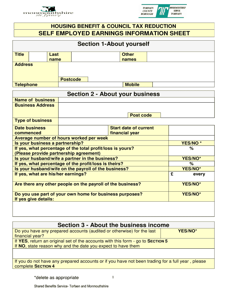 Fillable Online Self Employed Earnings Information Sheet Fax Email ...